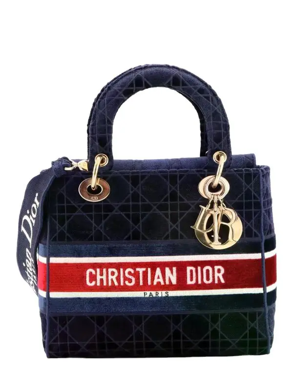 Dior Lady D-lite Bag Cannage Embroidered Velvet Medium Tote Bag - Blue