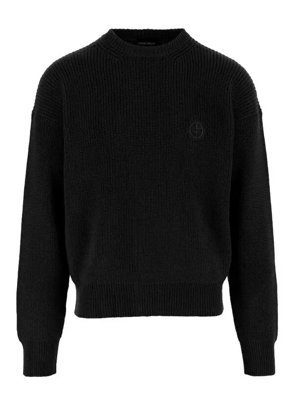 Giorgio Armani Logo Patch Ribbed Knit Virgin Wool Sweater - Black