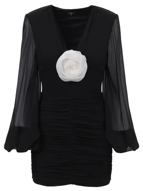 LITA COUTURE Sheer Ruched Floral Appliqué Dress - Black