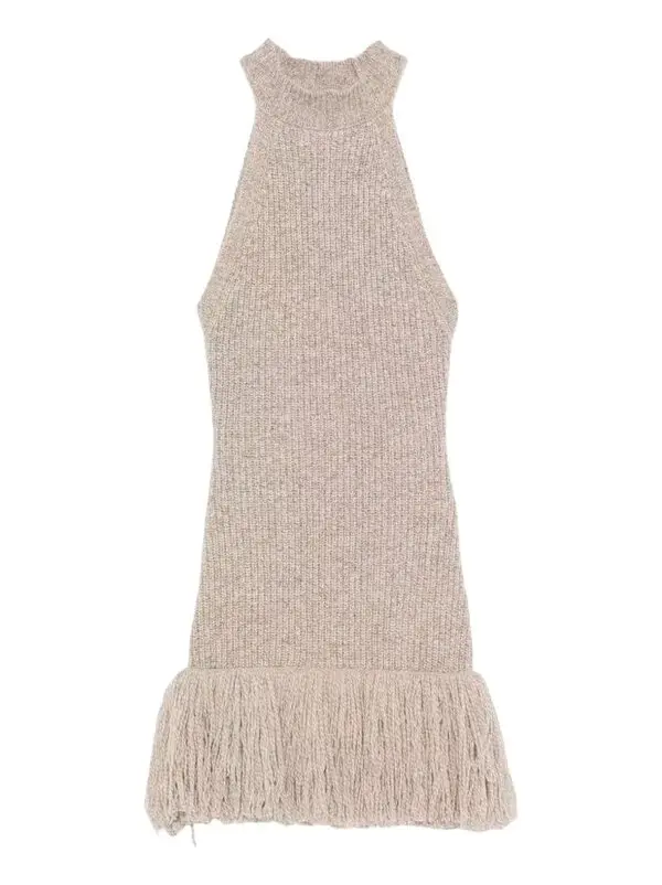 ELY ELY Fringe-trim Ribbed-knit Mini Dress - Neutrals