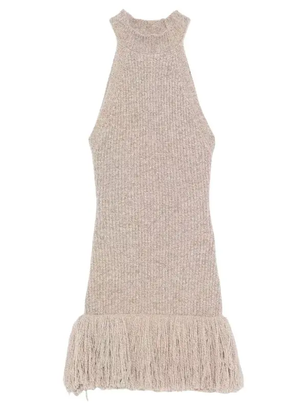 ELY ELY Fringe-trim Ribbed-knit Mini Dress - Neutrals
