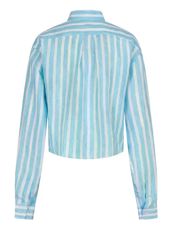 PARAMIDONNA Striped Linen Cropped Shirt - Blue