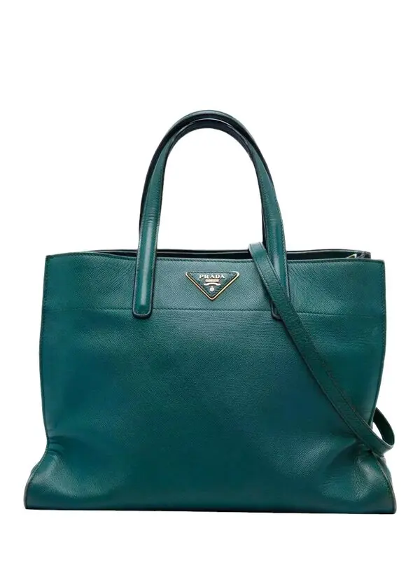 Prada Saffiano Leather Triple Pocket Tote Satchel - Green
