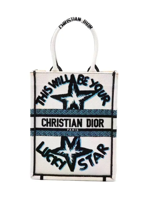 Dior Embroidered Canvas Lucky Star Vertical Book Tote Bag - Neutrals