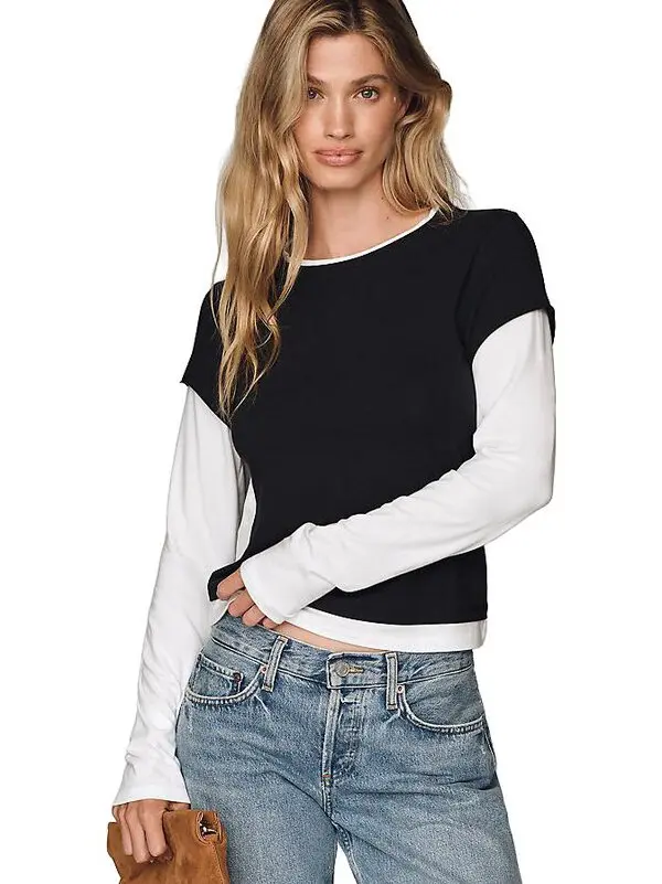 Anthropologie Evan Long-sleeve Twofer Top - Black & White Pattern