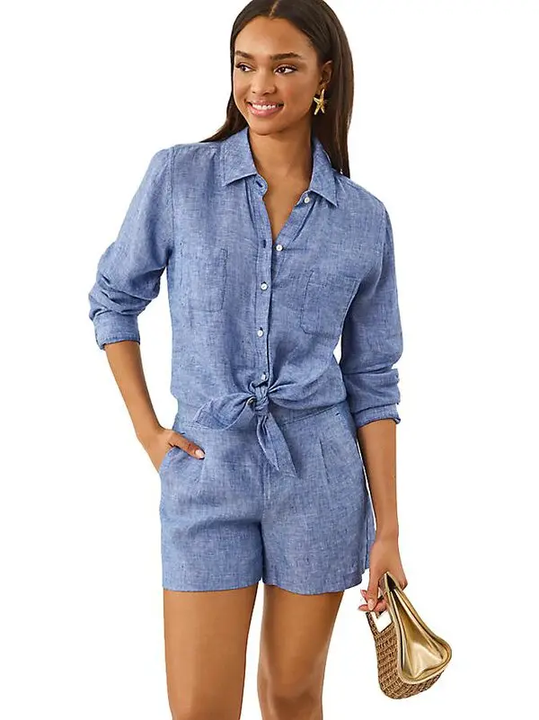 Lilly Pulitzer® Sea View Linen Button Down Shirt - Navy