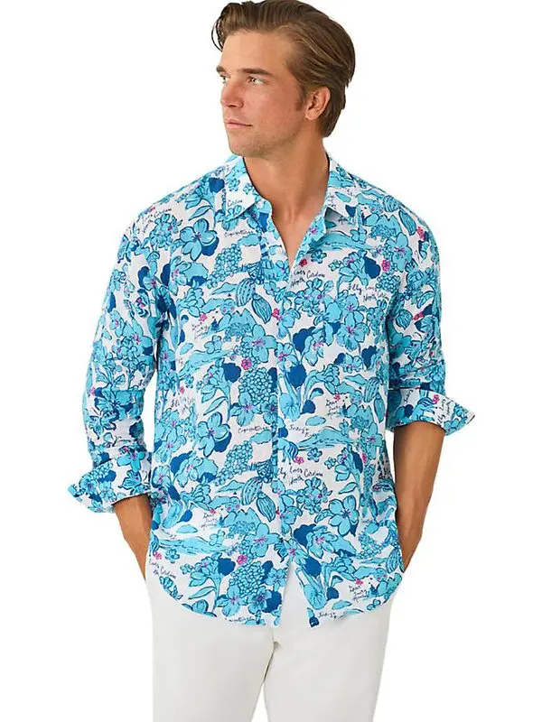 Lilly Pulitzer® Stuff Addison Button Down Linen Shirt In Straight Fit, Long Sleeves - Capri Blue North Carolina Destination