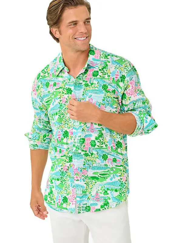 Lilly Pulitzer® Stuff Addison Button Down Linen Shirt, Straight Fit, Long Sleeves - Multicolor
