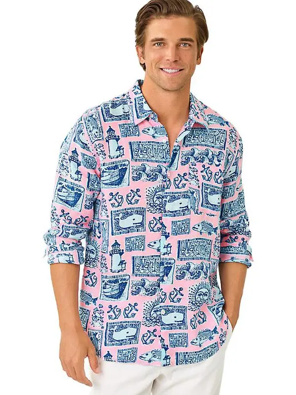 Lilly Pulitzer® Stuff Addison Button Down Linen Shirt In Straight Fit, Long Sleeves - Pink