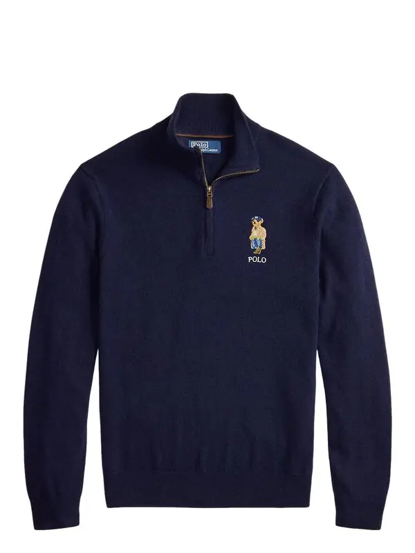 Ralph Lauren Polo Bear Embroidered Wool Quarter-zip Sweater - Hunter Navy