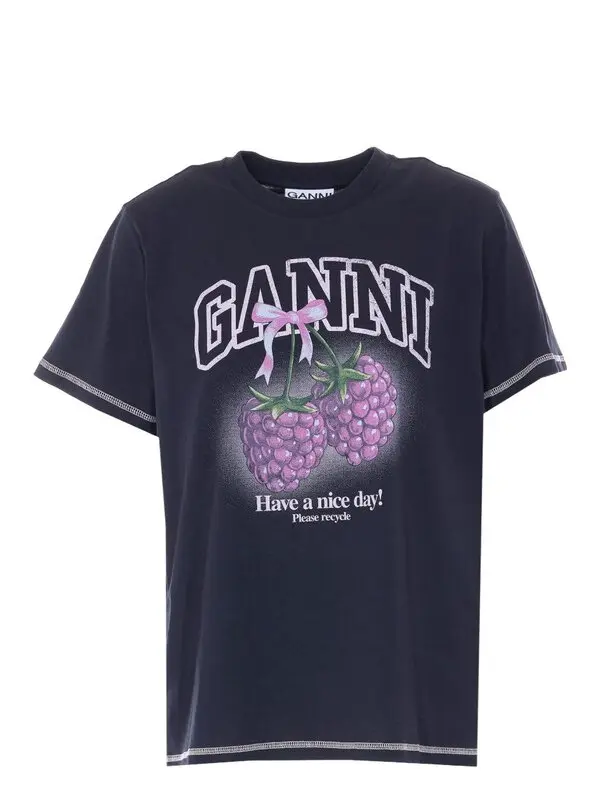 GANNI Logo T-shirt With Raspberry Print - Blue