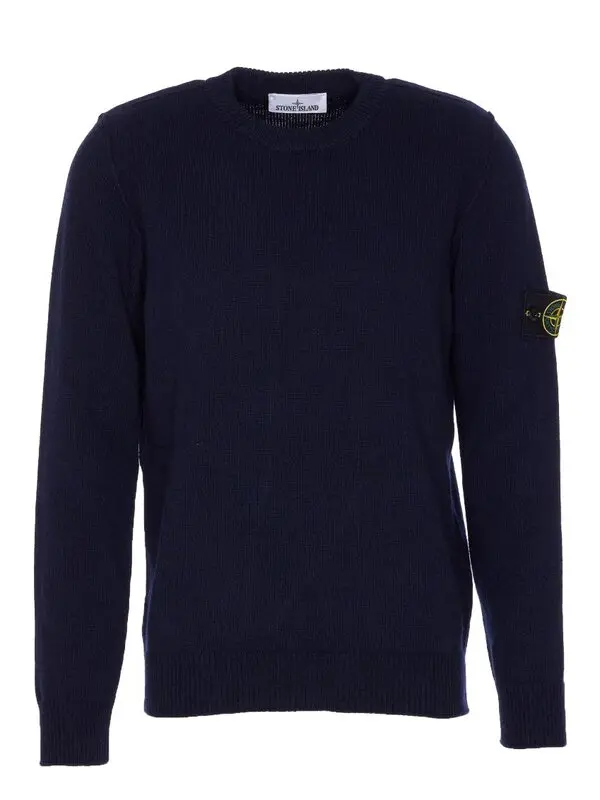 Stone Island Logo Crew Neck Long Sleeve Sweater - Blue