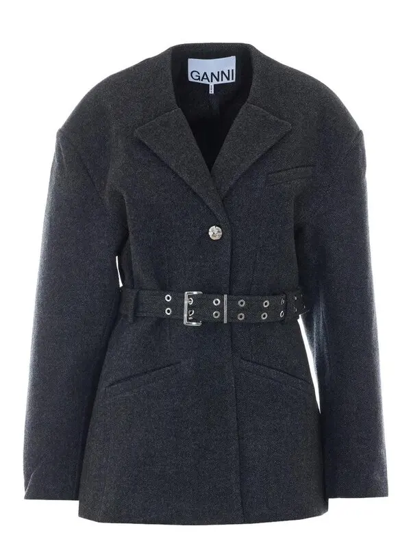 GANNI Belted Wool Blend Peacoat - Gray