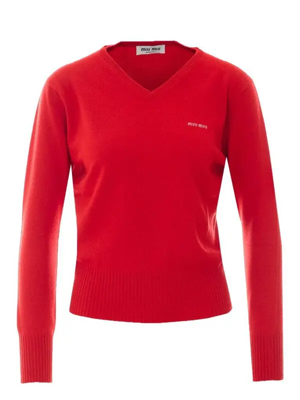 Miu Miu Embroidered Logo V-neck Cashmere Sweater - Red