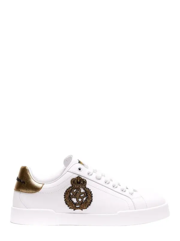 Dolce & Gabbana Portofino Calf Leather Sneakers With Gold-tone Embellishment - White