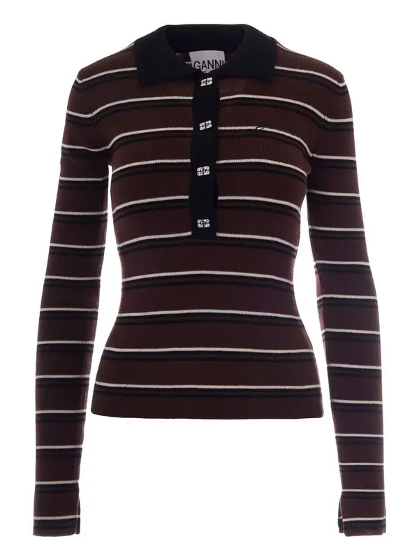 GANNI Striped Long-sleeve Knitted Polo Shirt - Black
