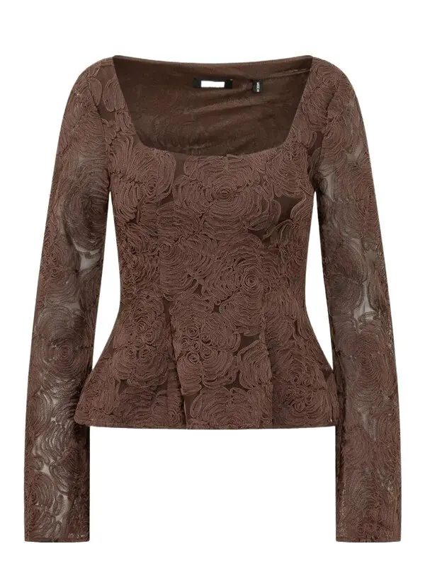 ROTATE BY BIRGER CHRISTENSEN Long-sleeve Square-neck Floral Lace Top - Brown