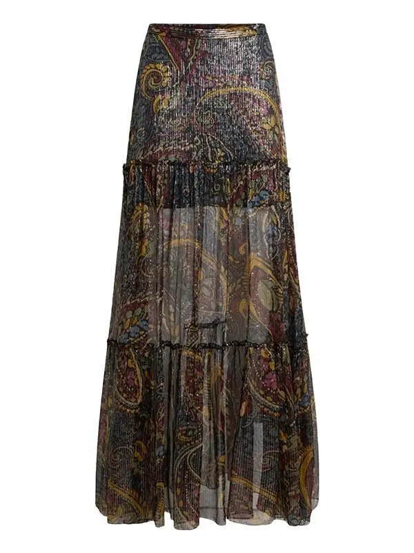 Etro Silk Maxi Skirt With Striped Floral Paisley Motif - Black