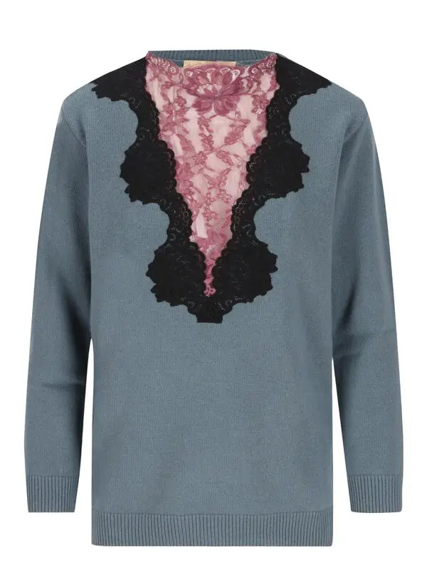 Valentino Garavani Long-sleeved Knitwear With Lace Neckline - Gray