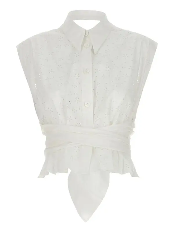 Philosophy Di Lorenzo Serafini Openwork Shirt Collar Top With Waist Tie - White