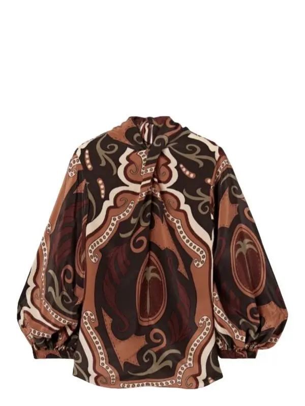 Johanna Ortiz Gathered Printed Silk Crepe De Chine Blouse - Brown