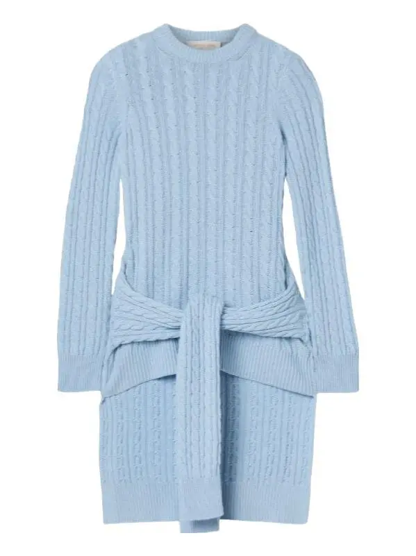 Michael Kors Asymmetric Cable-knit Cashmere Sweater With Waist Tie - Blue