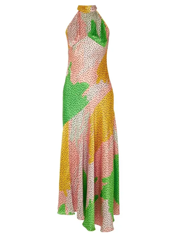 DE LA VALI Asymmetrical Printed Silk Satin Maxi Dress - Nude