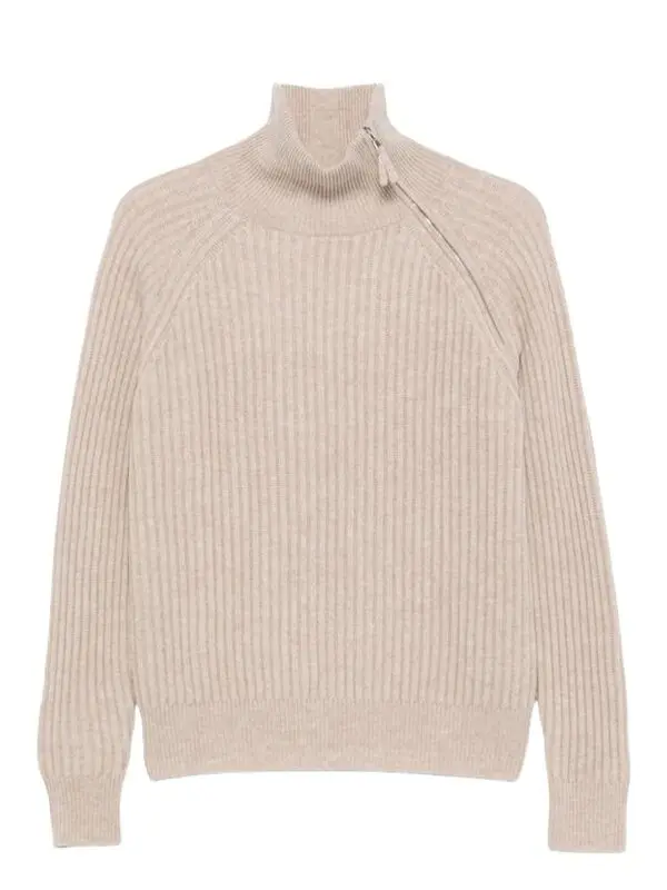 ALLUDE Ribbed Knit Sweater With Off-centre Zip - Beige
