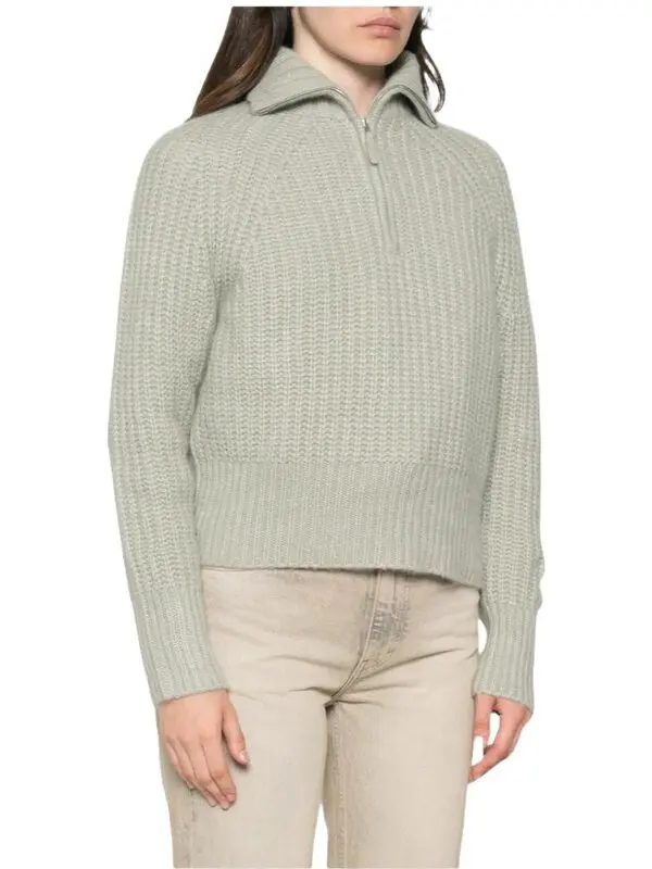 ALLUDE Ribbed Knit High Neck Zip Sweater - Green
