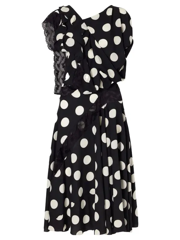 Junya Watanabe Polka Dot Midi Dress With Lace Trim - Black