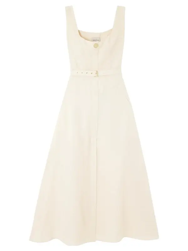 Le Kasha Belted Linen Midi Dress With Gold Buttons - Yellow