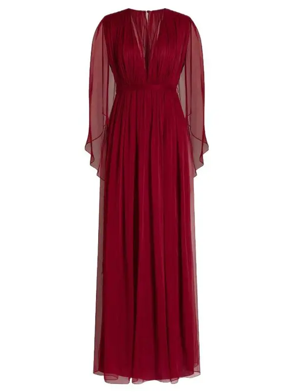 Alberta Ferretti Long Chiffon Gown With Deep V-neck And Ruffle Details - Red