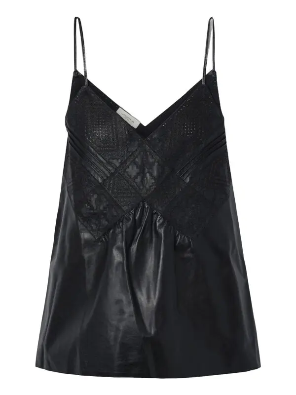 Lafayette 148 New York Madeira Embroidered Leather Top - Black