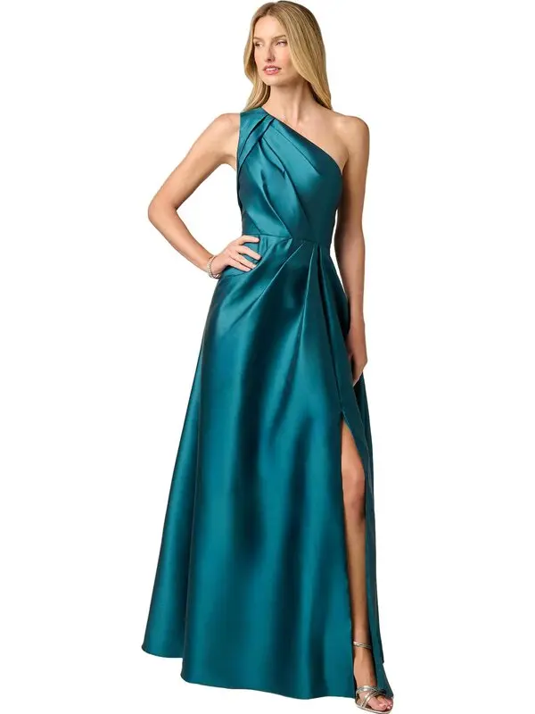 Adrianna Papell One Shoulder Mikado Asymmetrical Pleated Ballgown - Hunter