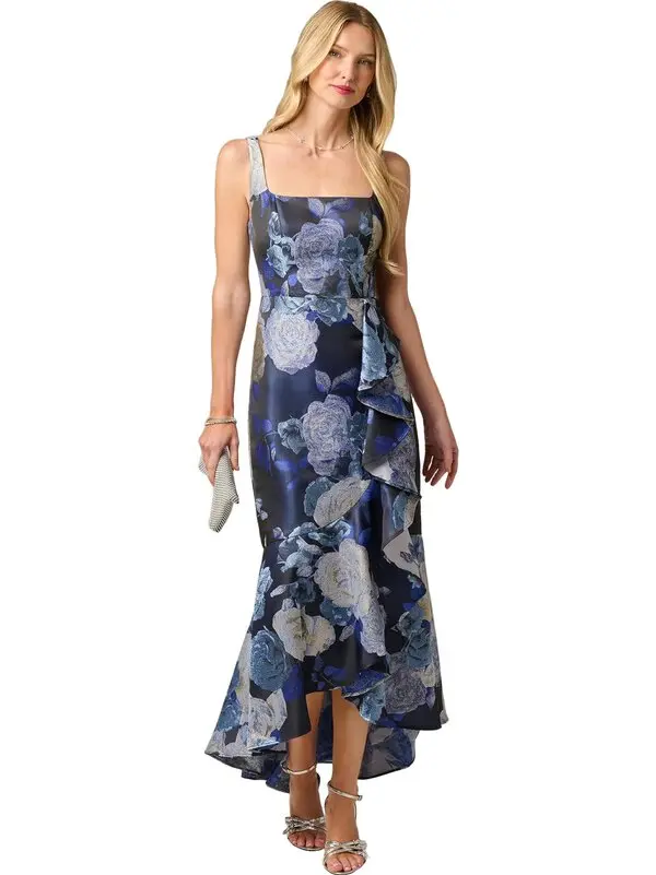 Adrianna Papell Metallic Floral Jacquard High Low Draped Gown - Blue Multi
