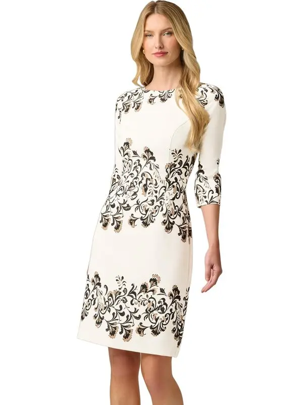 Adrianna Papell Three Quarter Sleeve Baroque Lace Print Stretch Sheath Dress - Ivory Multi