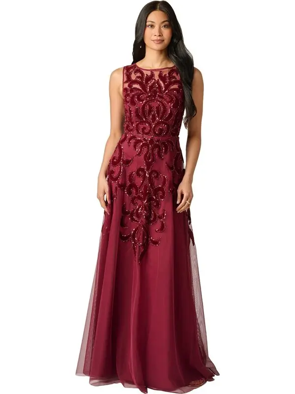 Adrianna Papell Petite Baroque Scroll Velvet Beaded Gown - Mahogany