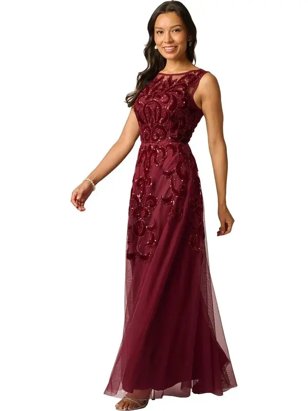 Adrianna Papell Baroque Scroll Velvet Beaded Gown - Mahogany