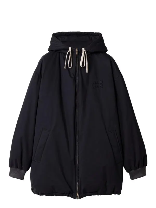 Miu Miu Gabardine Down Jacket With Hood And Logo - Navy