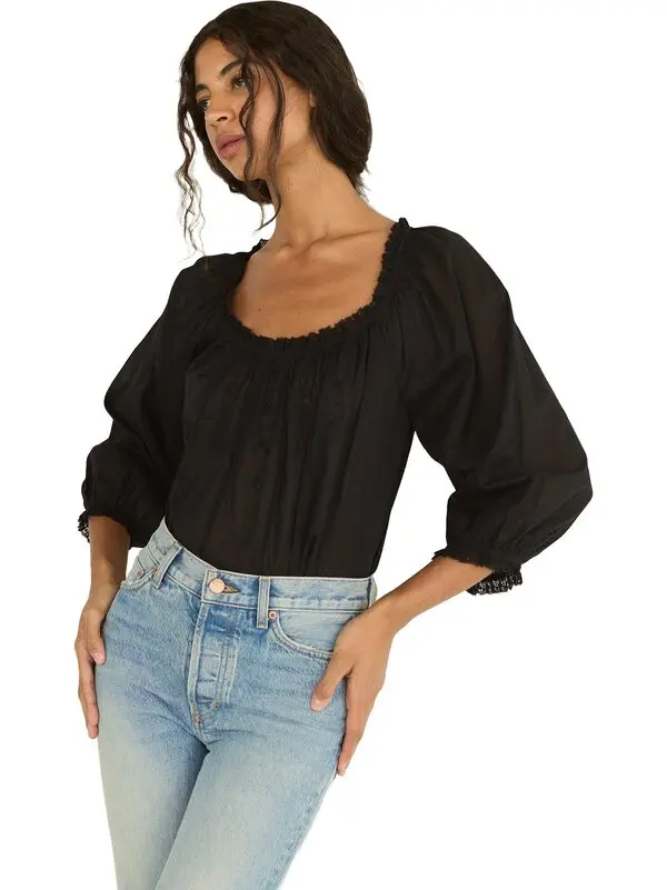 DÔEN Florine Embroidered Cotton Voile Top - Black