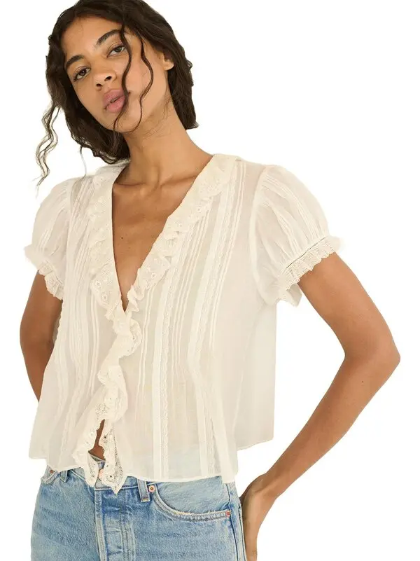 DÔEN Helena Organic Cotton Voile Ruffled Blouse With Mother-of-pearl Buttons - Salt