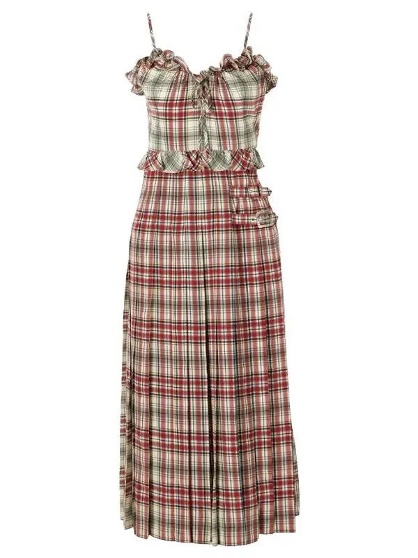 Alessandra Rich Pleated Checked Ruffled Silk-crepe De Chine Midi Dress - Green