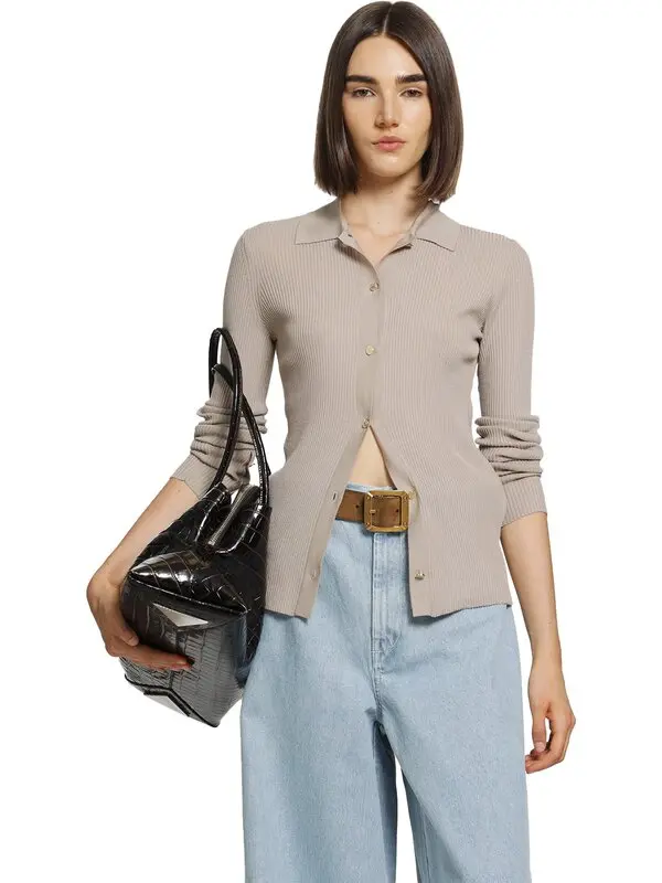 Max Mara Fitted Ribbed Knit Cardigan With Pointed Collar - Beige