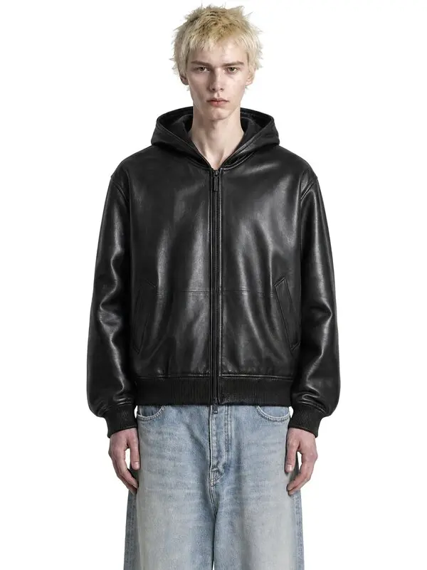 Balenciaga Short Hooded Leather Coat - Black