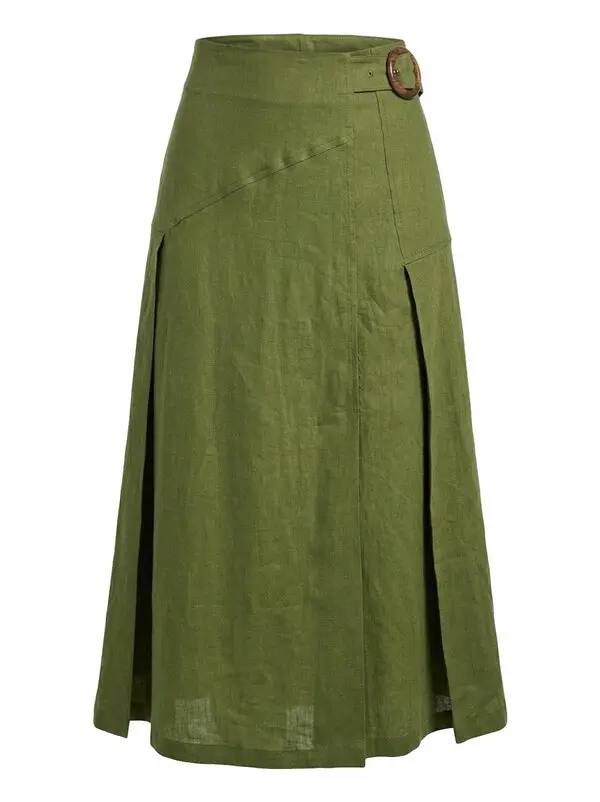 EXQUISE Burnice Buckle Detail Linen Midi Skirt Khaki - Green