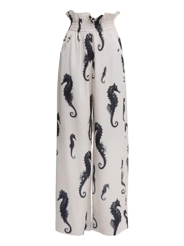 JULIA ALLERT Seahorse Print Paperbag Waist Wide-leg Trousers - White