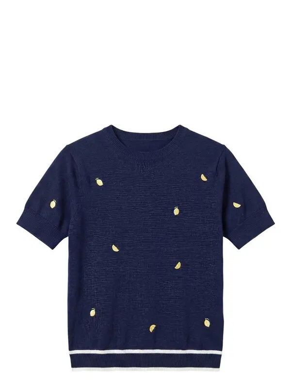 BRODIE CASHMERE Lemon Ditsy Embroidery Tee Navy - Blue/yellow