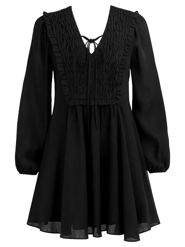 EXQUISE Chaney Long Sleeve Linen Mini Dress - Black