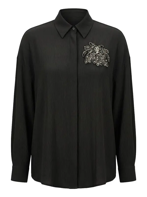 EXQUISE Collared Long Sleeve Embroidered Crinkle Shirt - Black