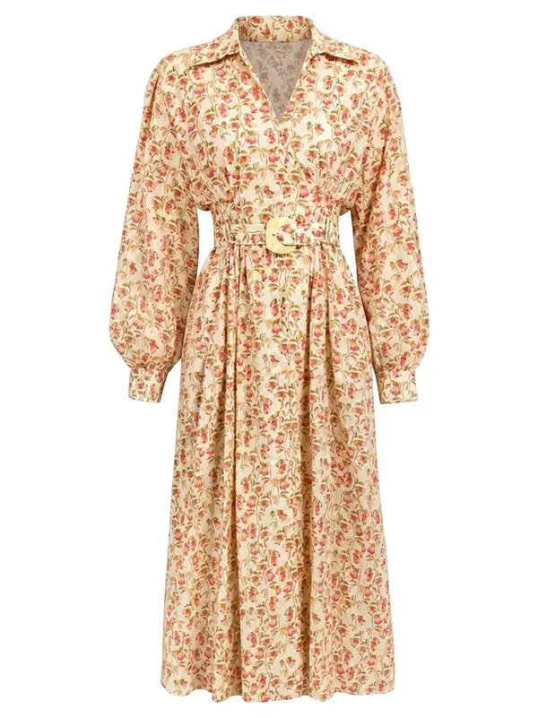 EXQUISE Belted Printed Maxi Dress - Orange